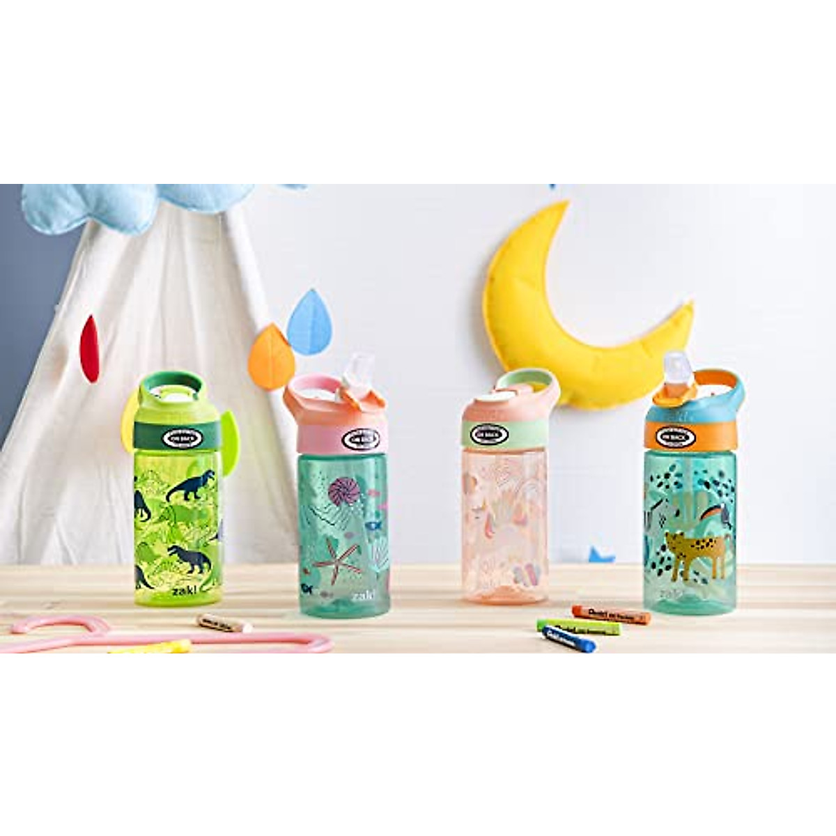 Zak Designs 16oz Riverside Kids Water Bottle with Spout Cover and Built-in Carrying Loop, Made of Durable Plastic, Leak-Proof Water Bottle Design for Travel (Unicorn & Dino Camo, Pack of 2)