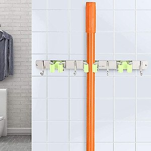 Pissente Mop Hanger Wall Broom Door with 3 Clips and 4 Hooks Hanging Stainless Steel Wallshade Mop Support for Balcony Garden Bathroom Kitchen