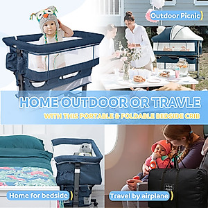 4 in 1 Baby Bassinet, Upgraded Nursery center w/ Diaper Changer, 360° Highly Visible Mesh wall, Comfy Newborn Bassinet with 5 Level Adjustable Height, Portable Baby Travel Crib for baby, Blue