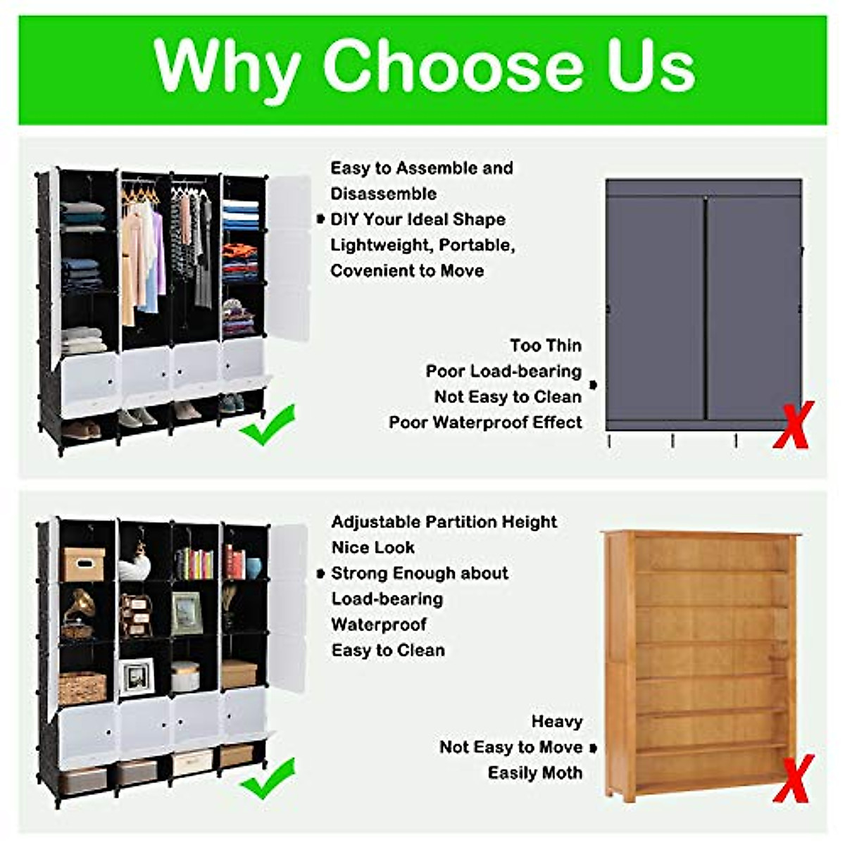 VINGLI Portable Closet Shelves, 16 Cube Clothes Organizer, Plastic Playroom Storage, Storage Closet, DIY Cube Storage Organizer with Doors and Hanging Rods