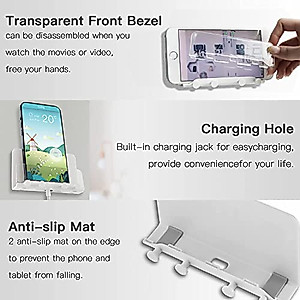 LIULANZ Clear Wall Mount Adhesive Phone Holder,Multi-Function Cell Phone Charging Brackets Holders,Hook for Living Room, Kitchen, Bathroom, Office,Compatible with Most Phones and Tablet