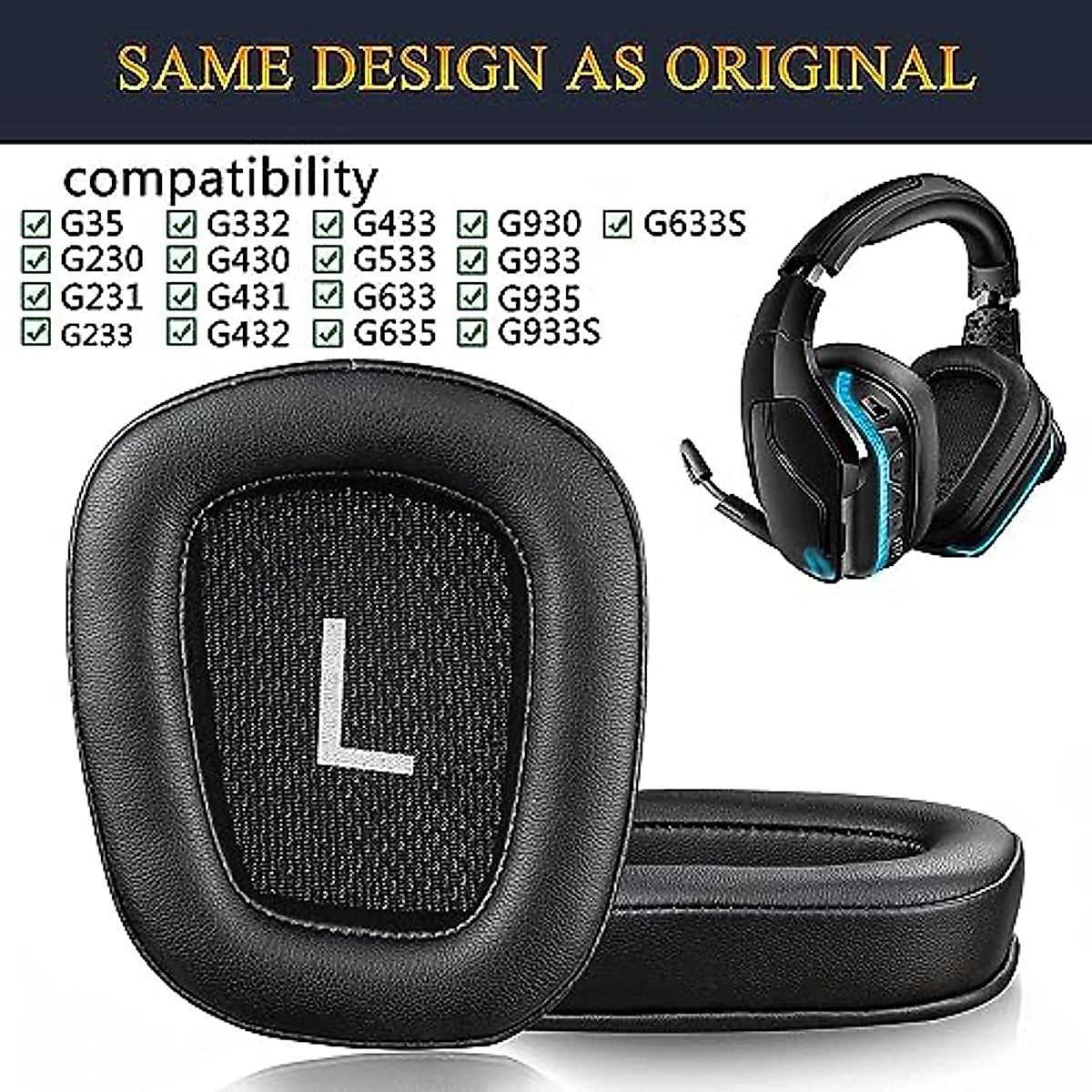 SOULWIT Protein Leather Ear Pads Cushions Replacement for Logitech G35 G930 G933 G933S G935 G633 G633S G635 G533 G430 G431 G432 G433 Gaming Headset, Earpads for G332 G230 G231 G233 Headphones