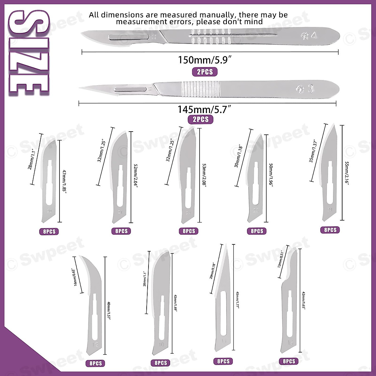 Swpeet 77Pcs 9 Styles #10#11#12#15#20#21#22#23#24 Scalpel Blades Surgical Grade Blades with #3#4 Scalpel Knife Handle Assortment Kit,Biology Lab Knives for Biology Lab Anatomy, Cutting