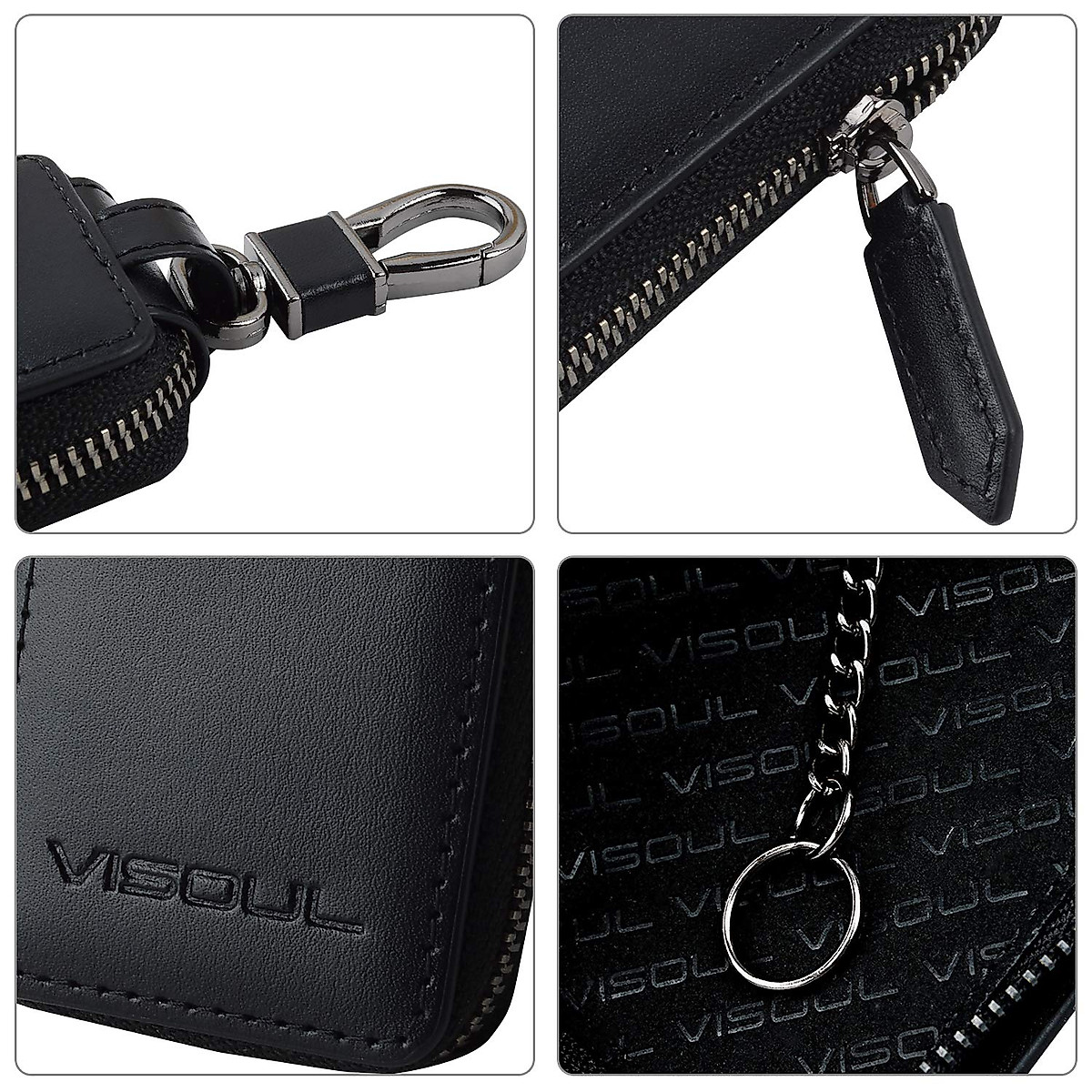 VISOUL Car Key Case, Italy Leather Car Smart Key Fob Zipper Case with Keychain and Metal Hook (A02-Black)