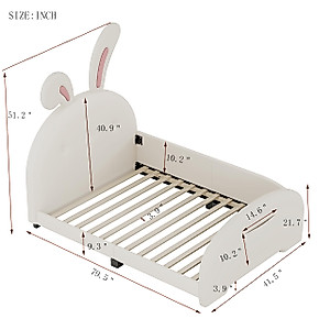 BEDGJH Twin Size Upholstered Rabbit-Shape Princess Bed, Wood Twin Size Platform Bed Frame with Headboard and Footboard for Kids Teens Girls Boys, Fun Design & Easy Assembly (White)