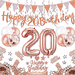 MOVINPE 20th Rose Gold Birthday Decorations, 20th Happy Birthday Banner Pennant Flags 6pcs Hanging Swirl, Number 20 Foil Balloons 8pcs Latex Balloons Cake Toppers Table Confetti for Girls Women