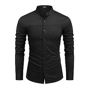 COOFANDY Muscle Fit Dress Shirts for Men Collarless Button Down Outfits Summer Fitted Shirts Wrinkle-Free Long Sleeve Business Casual Mandarin Collar No Iron Shirt Black XL