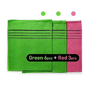 9pcs Genuine Korean/Asian Exfoliating Bath Washcloth, Skin Massage (Green 6pcs, Red 3pcs) Genuine Korean Italy Towel, Removing Dry, Dead Skin Cells, Cleaning Pores, Reusable