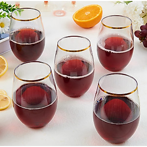FOCUSLINE 20pcs 16 Oz Plastic Wine Glasses, Stemless Gold Rim, Heavy Duty Disposable Drinking Cups, Reusable Shatterproof for Party & Wedding
