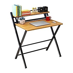 【US Stock】 Folding Study Computer Desk - Writing Desk Portable Lazy Foldable Table Laptop Desk Simple Computer Desk with Shelf for Small Space,Free Installation Home Office Desk (Khaki)