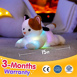 Glow Guards Light up Calico Cat Stuffed Animal LED Soft Kitty Plush Toy Pillow with Night Lights Lullaby Birthday Children's Day Gifts for Toddler Kids, 15''