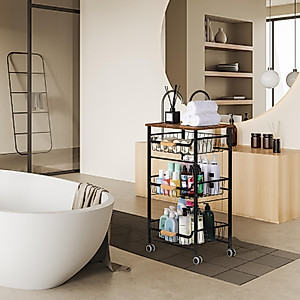 HEOMU 4 Tier Rolling Kitchen Storage Cart, Metal Snack Cart with Wheels, Kitchen Cart with Drawers for Kitchen, Bathroom, Living Room, Bar, Office, Black