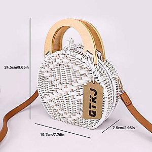 QTKJ Hand-Woven Round Rattan Wooden Handle Tote Bag Summer Beach Straw Crossbody Bag Shoulder Bag with Adjustable Leather Shoulder Strap (White)