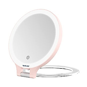 WEILY Magnifying Makeup Mirror 10X/1X, Double Sided Tabletop Mirror with 3 Color Lights, Rechargeable LED Cosmetic Mirror for Makeup,Tweezing, Blackhead and Comedone Removal(Pink)