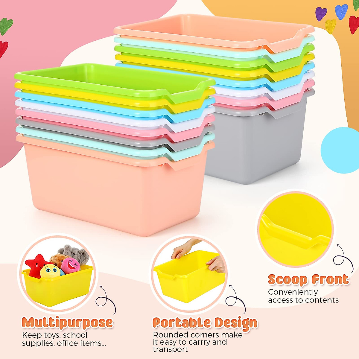 Dandat 16 Pcs Cubby Bins Plastic Books Bins Bulk Scoop Front Classroom Cubby Organization Stackable Toy Storage Tubs Containers for Classroom Office Home(11.42 x 7.87 x 5.12 Inch)