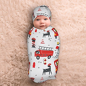 Rongyuan Dog Firefighter Newborn Baby Swaddle Blanket with Beanie Hat Sets Cute Printed Receiving Sleeping Bag, One Size