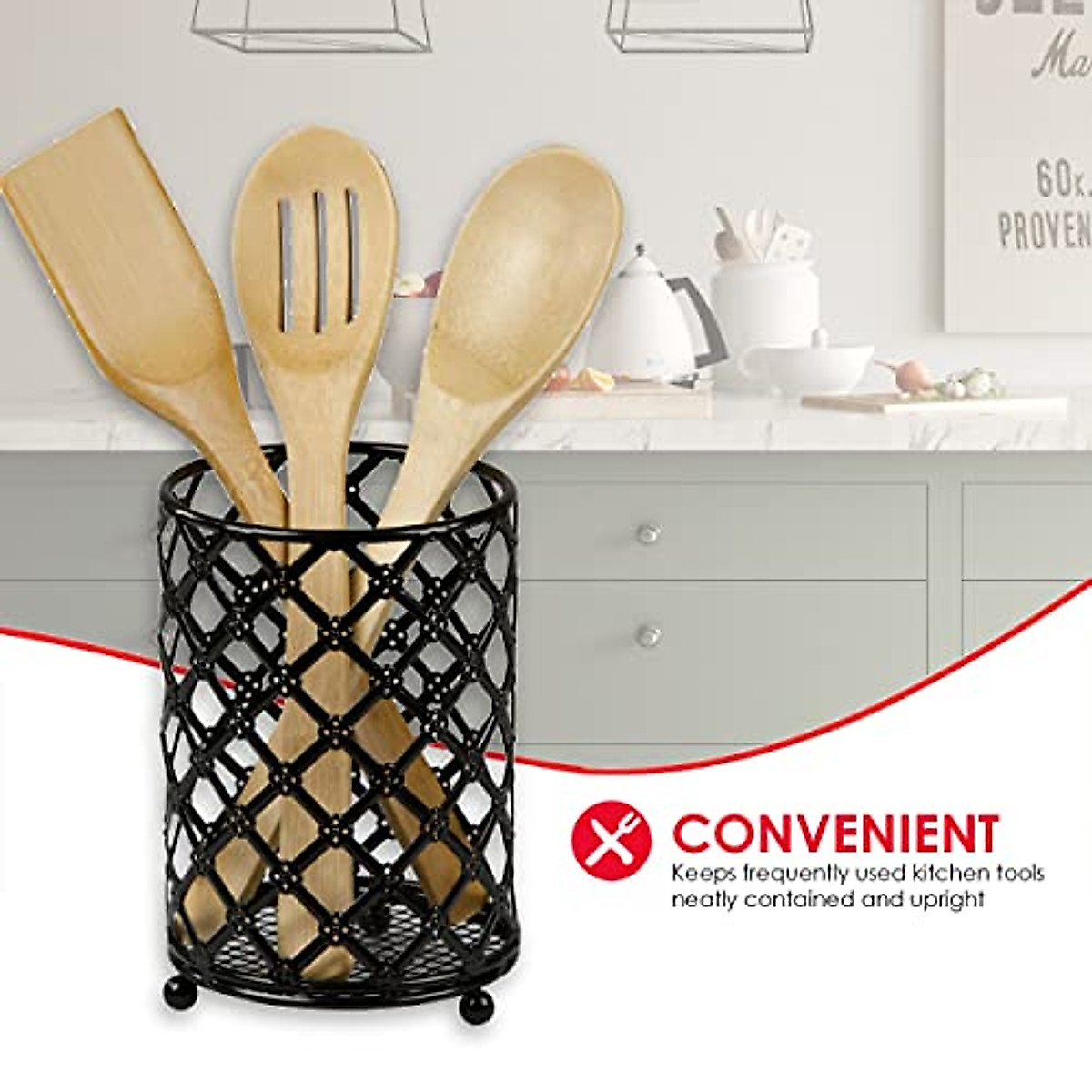 Home Basics Beautiful Heavy Duty Steel Lattice Cutlery Holder, Utensil Organizer, Rust-resistant, Free Standing, Black, 5" x 5" x 7"