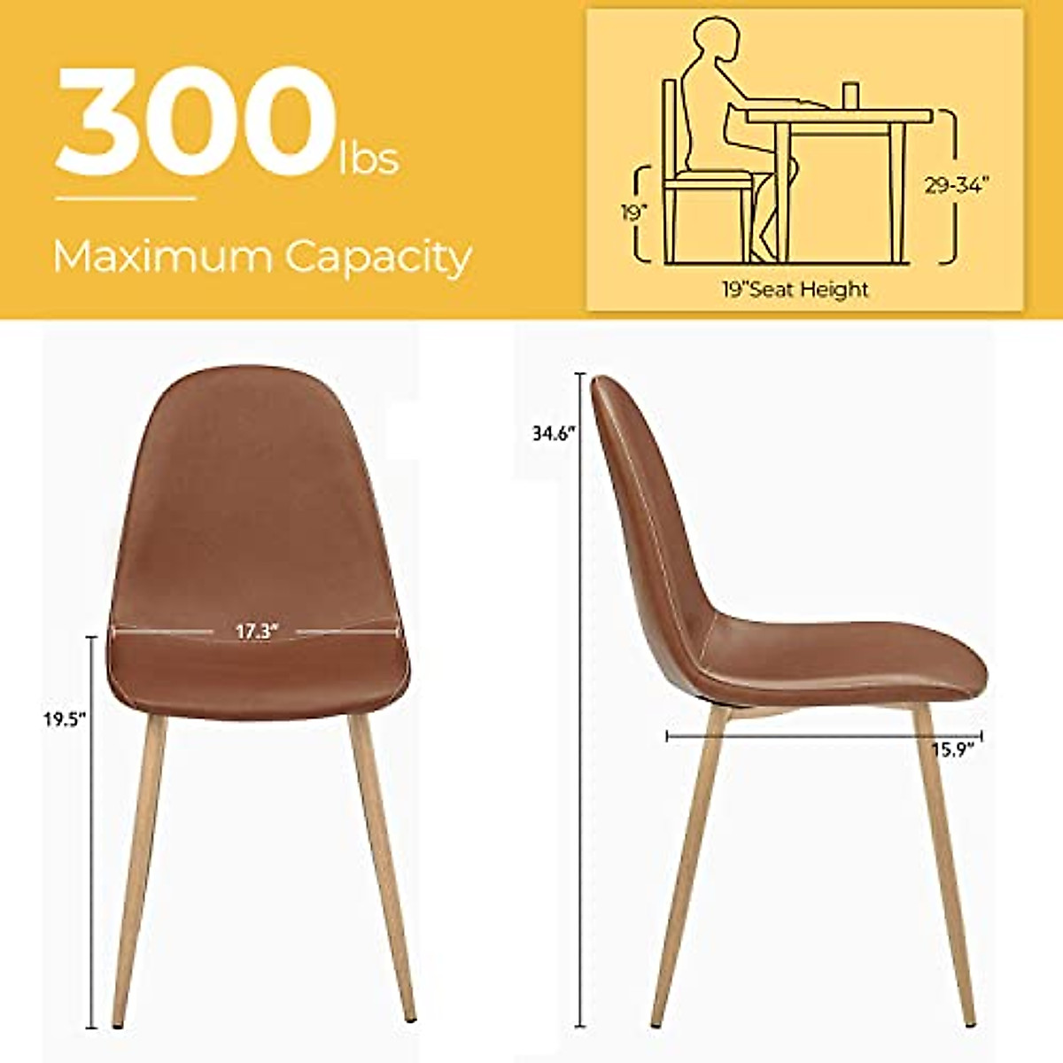 GreenForest Dining Chairs Set of 4, Washable PU Fuax Leather Dining Side Chair Mid Century Modern Dining Room Chairs Comfortable Upolstered Cushion Seat with Metal Legs for Home Kitchen, Camel Brown