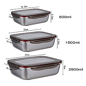3 Pieces Stainless Steel Food Storage Container with Lids Airtight Metal Food Containers Stackable Meal Prep Leftover Containers for Freezer Fridge Oven Dishwasher Safe 600ml/1500ml/2900ml