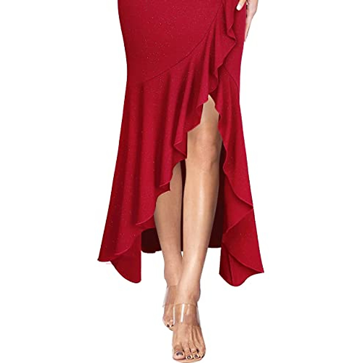 VFSHOW Womens Sexy Ruffle Deep V Neck Cocktail Party Bodycon Midi Dress Spaghetti Strap 2023 Hi-Lo Slit Mermaid Sparkly Dress (Red, Large) 10500C RED L