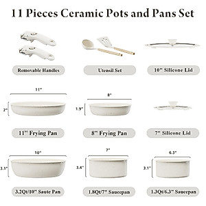 Bazova 11 Pcs Pots and Pans Set Non Stick with Removable Handles,Ceramic Cookware Set Non Toxic,Induction Kitchen Cooking Sets,Nonstick RV Cookware,Dishwasher/Oven Safe,PFAS/PTFE/PFOA Free,Cream White