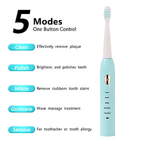 AIPOEXUNO Electric Toothbrush 5 Brush Heads Adults and Kids, Rechargeable Sonic Toothbrush, 5 Modes Optional, USB Fast Charge Powered Toothbrush Last 30 Day,2 Minute Smart Timing Reminder (Bule)