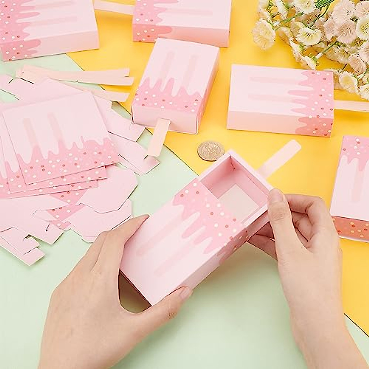 PH PandaHall Paper Ice Cream Shape Gift Boxes, 20 pcs 3.6x2 Inch Popsicle Mini Cartoon Candy Folding Paper Box Party Favor Candy Box for Halloween Birthday Wedding, Pink