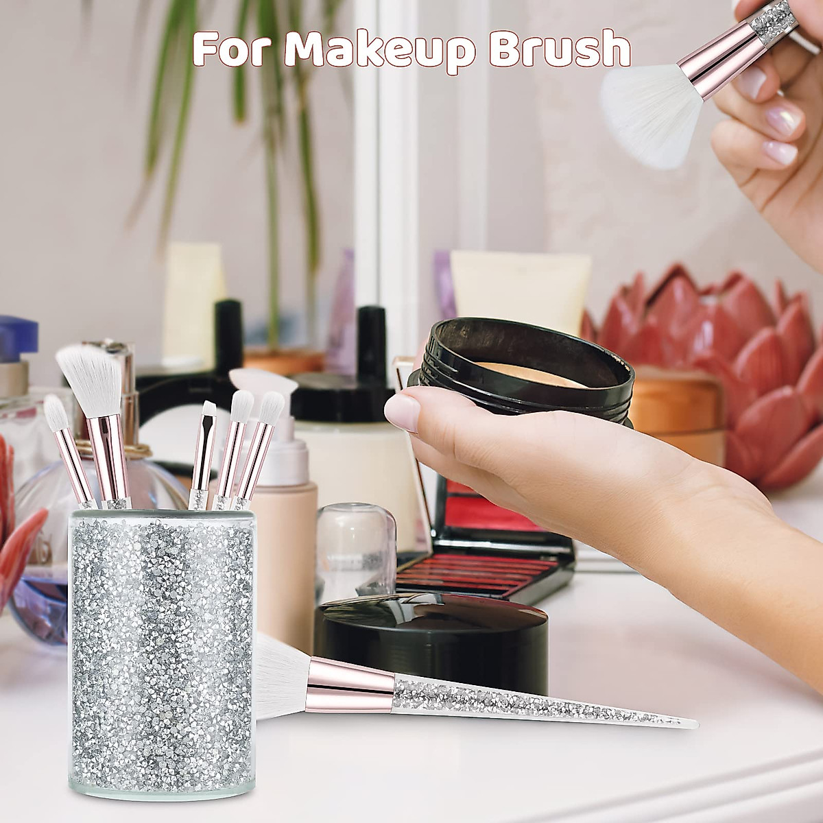 Crushed Diamond Silver Glass Kitchen Utensil Holder Round for Countertop Flatware Utensil Organizer Home Decor Sparkly Gift (Silver)