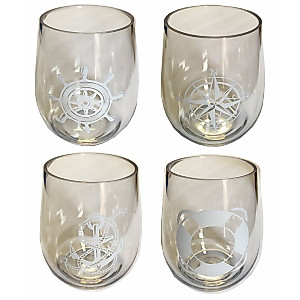 SET OF 4 -Stemless Boat Wine Glasses-Nautical Themed, Plastic, 16oz, Pool Wine Glasses, Shatter Proof Drinking Glasses for Wine or Cocktails