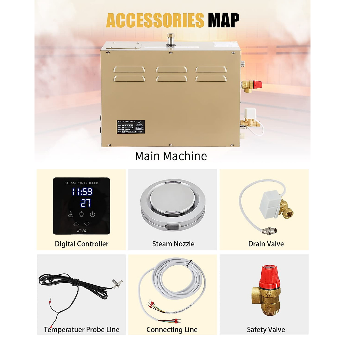 LEIRUO 10.5KW Commercial Self-Draining Steam Generator Shower System Home Steam Bath Spa Generator 30 min to 12 Hours Auto Drain 95-131℉ for Suitable Space Heating 10.5 m³/371 Cubic feet (10.5KW)