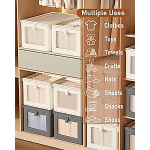 OUUJIIU Large Storage Baskets for Shelves | Sturdy Fabric Closet Storage Bins for Organizing with Clear Window| 17"x10"x8" Collapsible Home Organization with Lid, Beige, 3-Pack