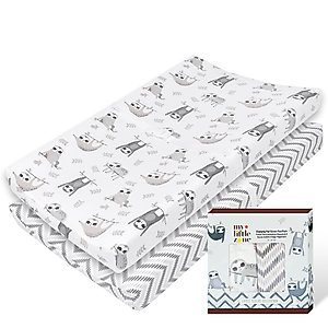 My Little Zone 100% Cotton Changing Pad Cover for Baby Boys and Girls, Chevron - Breathable Bassinet, Mini Crib Mattress Fitted Sheets - Little Sloth, 32"x16" with 8" Deep Pocket, White-Grey, 2 Pack