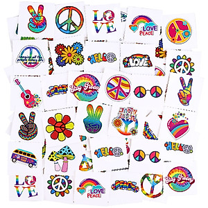 ADXCO 144 Pieces Hippie Tattoos Stickers Hippie Assorted Groovy Hippie Temporary Tattoos Waterproof Love and Peace Sign Hippie Tattoos Hippie Theme Party Tattoos for Hippie Party Favors