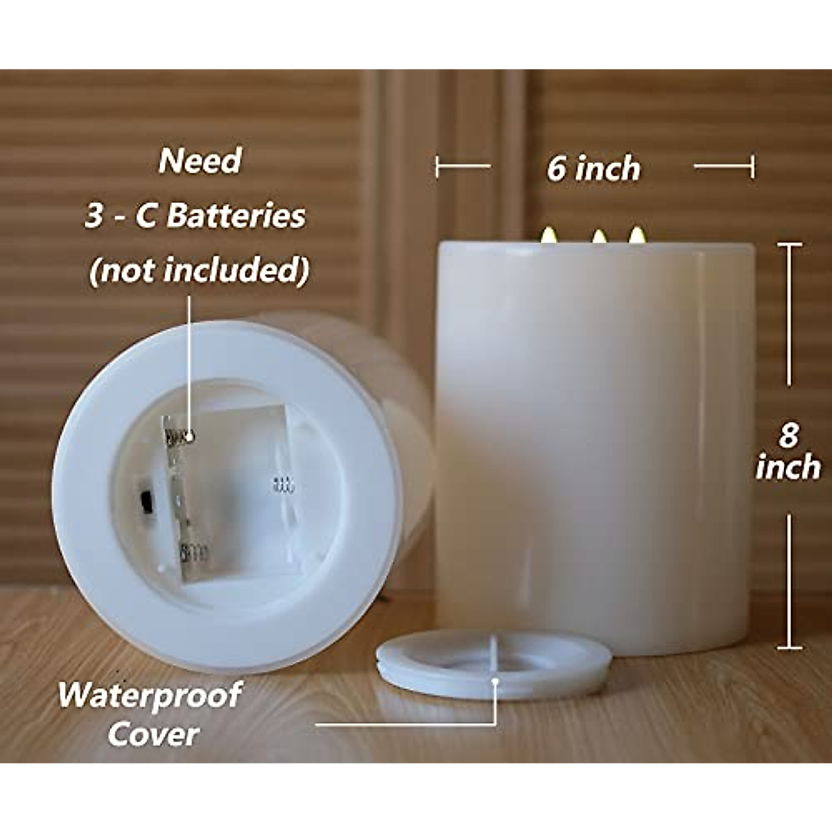 OUTDOOR XL 6" x 8" Large Flameless Candles with Remote .Rainproof Waterproof . LED Battery Operated .Flickering Pillar CANDLES--3-C Batteries runs 500hours (Not included)