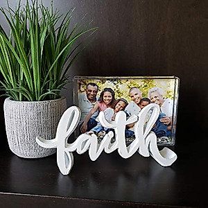 Birch & Bliss – Faith – Small Distressed White Tabletop Script Word Decor (6.75in x 3in) Modern Farmhouse Resin Standing Words - Inspirational Gifts | Spring - Wedding Decor