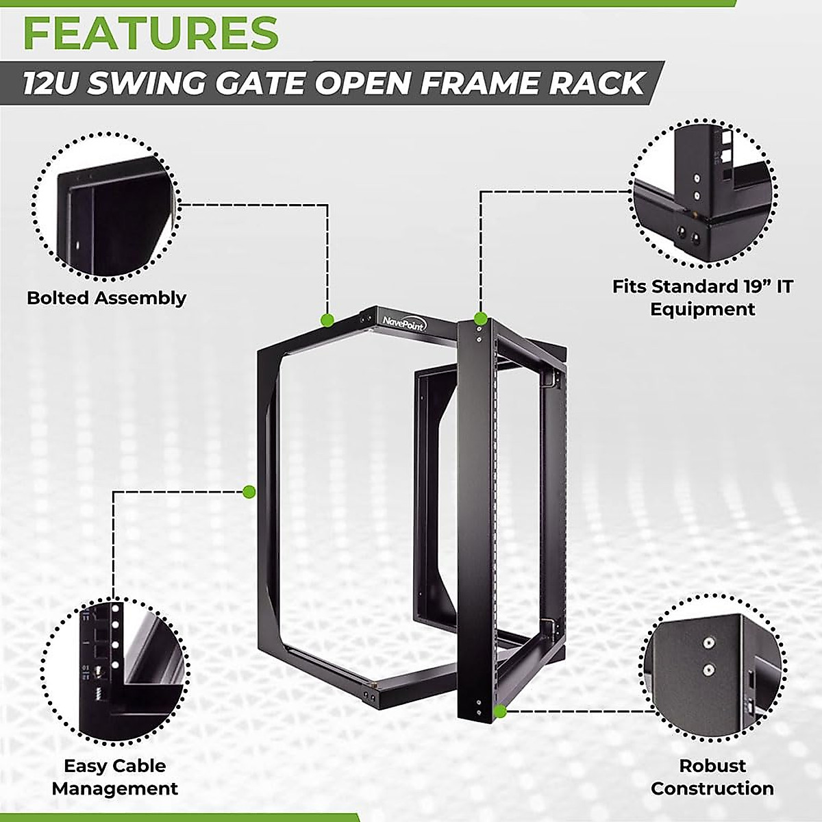 NavePoint 12U Server Rack with Swing Gate - 12U Wall Mount Rack for 19 Inch IT Equipment Open Frame Rack – Network Rack Wall Mount for AV & Server Equipment 18” Deep 12U Rack, Black