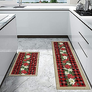 Poinsettia Flower Kitchen Mats Anti Fatigue 2 Piece, Kitchen Mats for Floor, Comfort Mat for Kitchen Floor, Non Skid Mats for Kitchen,Office,Sink,Oven,Laundry, Christmas Farmhouse Red Black Check