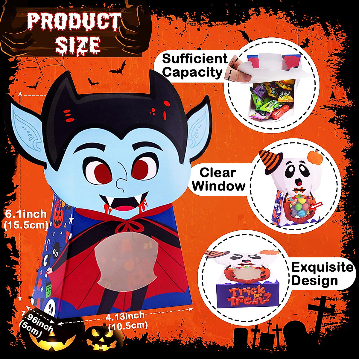 JX 24 Pack Halloween Treat Boxes with Clear Window,Halloween Goodies Candy Boxes,Tick or Treat Cookie Boxes Gift Bags Cardboard for Treats Halloween Party Favor Decoration Supplies,8 Styles