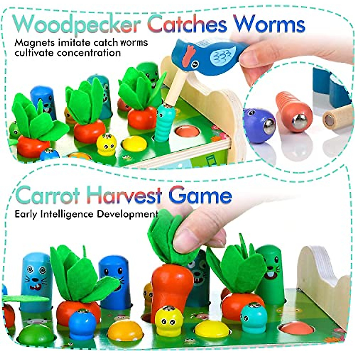6 in 1 Wooden Montessori Toys for 1 Year Old Whack a Mole Game Hammering Pounding Toy with Xylophone Carrot Harvest Game Learning Developmental Toys Toddler Activities Gift Ages 1 2 3 4