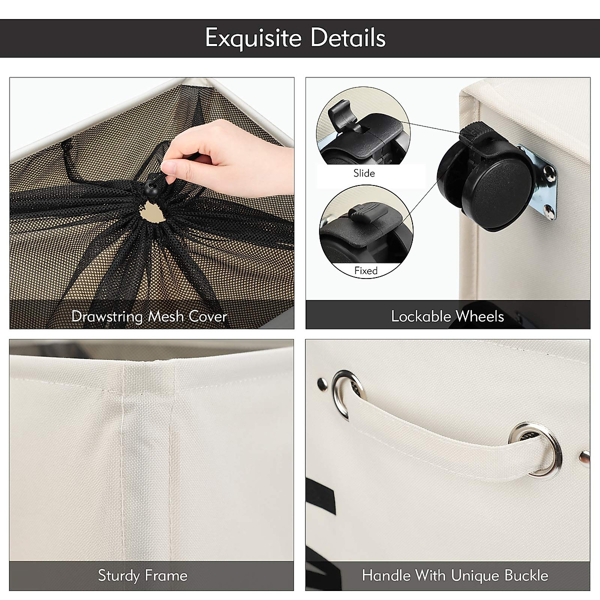 Lifesela 22" Pro Rolling Laundry Basket, Large Laundry Hamper on Wheels, Collapsible Dirty Clothes Hamper with Drawstring Mesh Cover, Corner Clothes Storage Basket Laundry Bin with Handle (Beige)