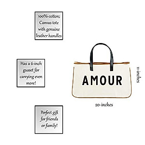 Santa Barbara Design Studio Tote Bag Wedding Collection Black and White 100% Cotton Canvas with Genuine Leather Handles, Large, Amour