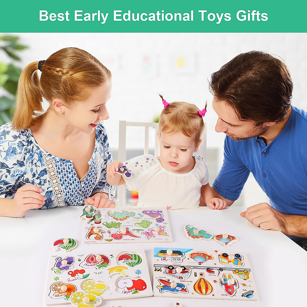 Wooden Peg Puzzles for Toddlers 1-3, Kids' Educational Preschool Peg Puzzle Toy, Set of 3 Toddler Puzzles - Traffic, Dinosaur, and Fruit, Ideal Gift for Ages 1 2 3 Boys and Girls