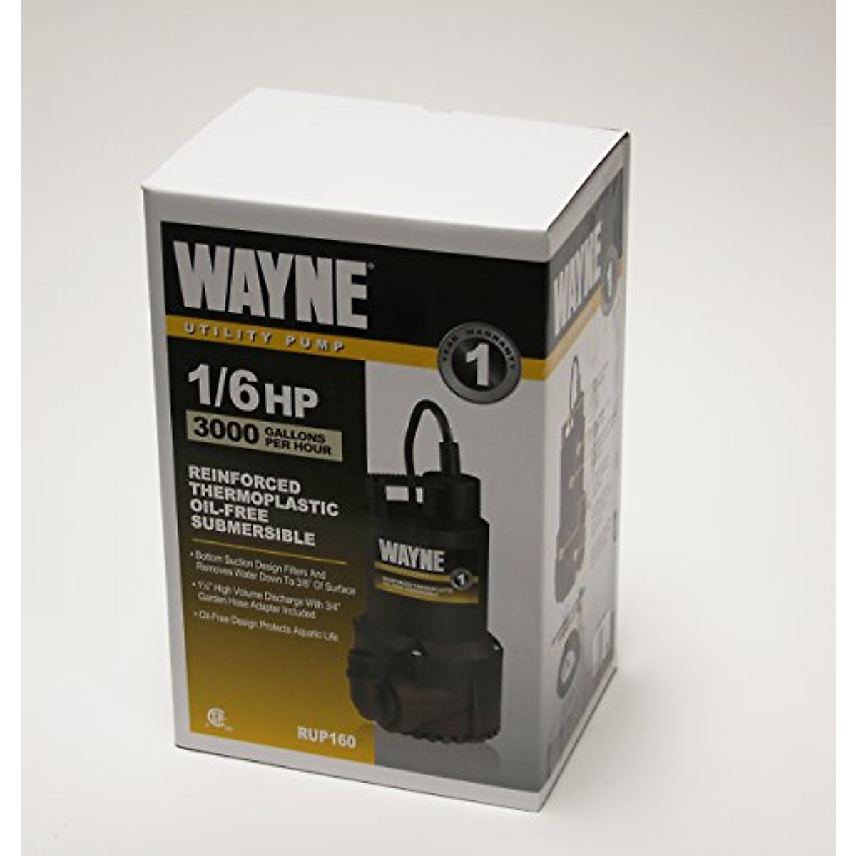 Wayne 57719-REL1 RUP160 1/6 HP Oil Free Submersible Multi-Purpose Water Pump, Black