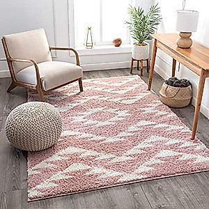 Well Woven Tribal Diamond Medallion Blush Pink Soft Shag Area Rug 5x7 (5'3"x7'3")