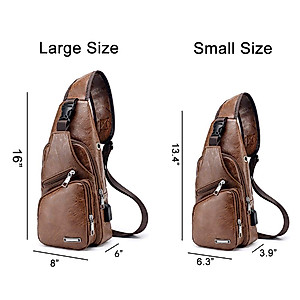JUMO CYLY Mens Sling Bag, Leather Sling Bag with USB Charging Port Waterproof HikingTravel Body Chest Crossbody Bag Casual Daypack Backpack