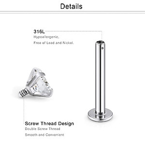 Dyknasz Labret Studs 16G Surgical Steel Monroe Barbell Lip Ring Piercing Jewelry 2mm Clear Diamond CZ with Flat Back for Women Men Silver-Tone