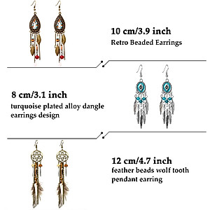 6 Pairs Women Faux Feather Earrings Dream Catcher Earring Bohemian Fringe Tassel Long Drop Dangle Earrings Set with Design for Women (Style 5)