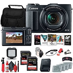 Canon PowerShot G1 X Mark II Digital Camera (9167B001) + 2 x 64GB Card + 3 x NB13L Battery + Charger + Card Reader + LED Light + Corel Photo Software + HDMI Cable + Case + Tripod + More (Renewed)