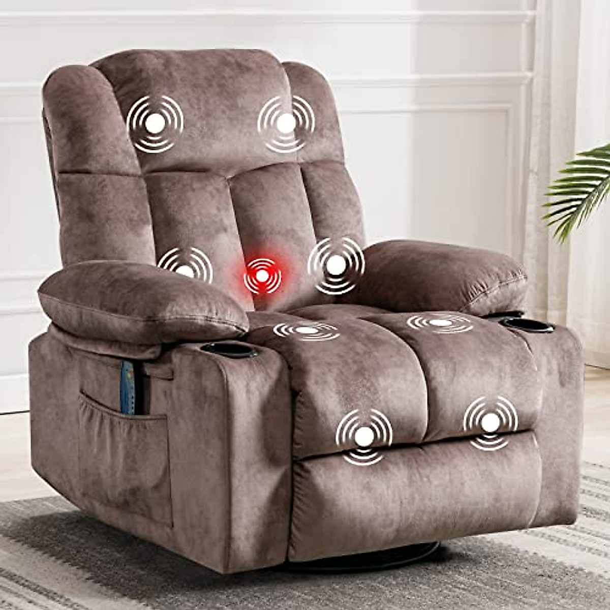 INZOY Massage Swivel Rocker Recliner with Heat and Vibration, Manual Swivel Rocking Recliner Chair with Vibrating Massage, Soft Fabric Heated Recliner Comfy Overstuffed Recliner with Cup Holder, Brown