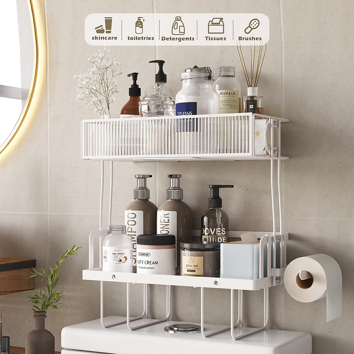 COVAODQ Bathroom Organizer Over The Toilet Storage Cabinet 2-Tier Bathroom Storage, Bathroom Shelves with Paper Rack 2 Tier